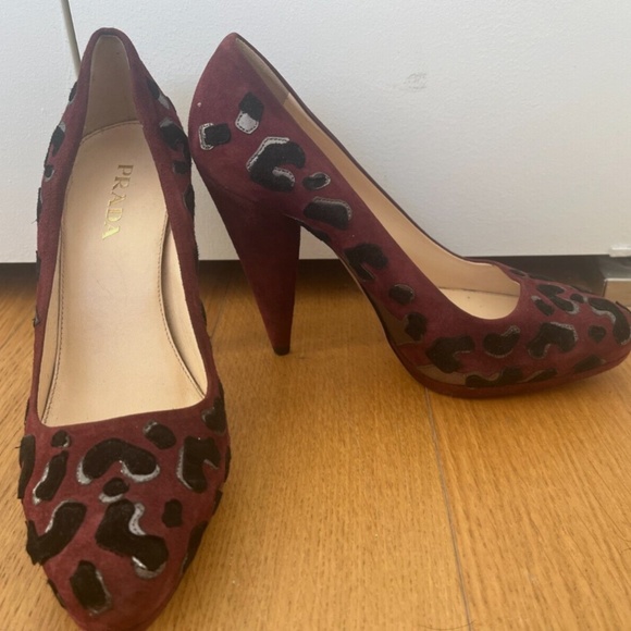 Prada | Shoes | Prada 75 Burgundy Merlot Suede Leopard Print High Heels ...